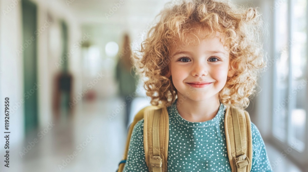 Child smiles happily while getting ready for school with a backpack ...