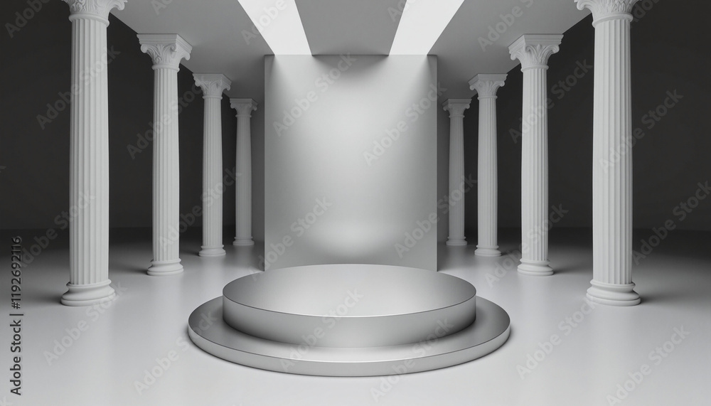 Minimalist modern platform surrounded by architectural columns and soft ...