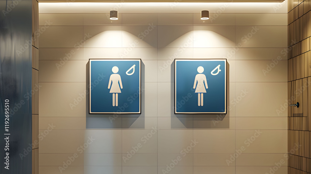 Restroom signs indicating female facilities in a modern, well-lit ...
