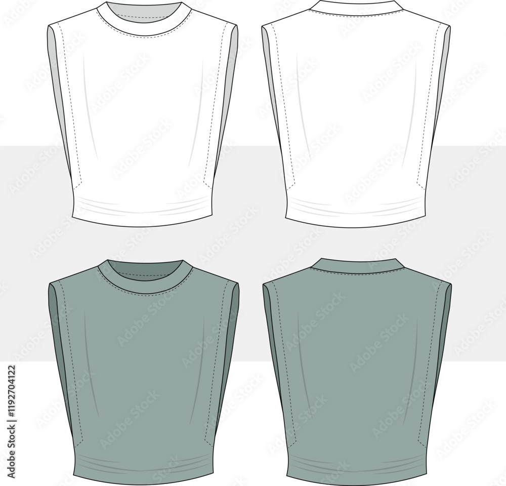 women Sleeveless dropped armhole crop top t shirt, Front and Back View ...
