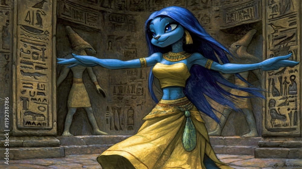 Ultra-realistic depiction of a dancing Egyptian cat, blue-eyed and ...