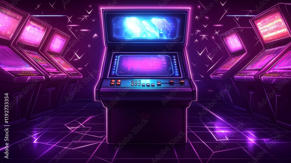 Pixel art arcade machine, surrounded by glowing retro graphics, bold ...