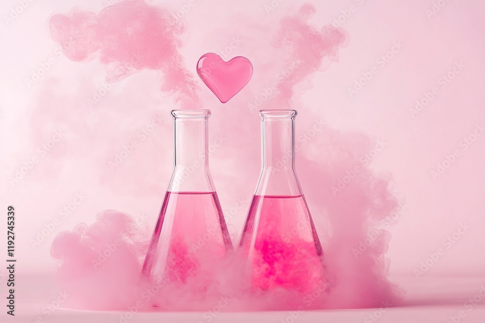 valentines day postcard of two laboratory chemical flasks with pink ...