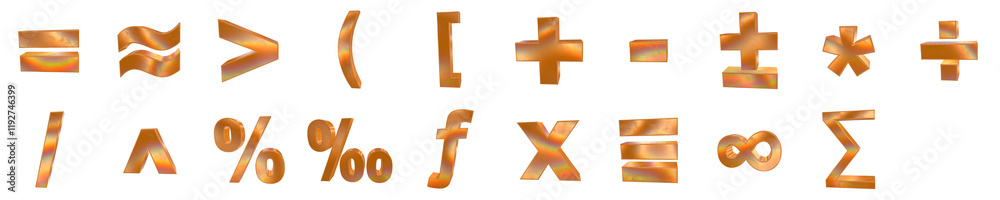 Set of 3d basic math symbols shapes with golden and rainbow effects ...