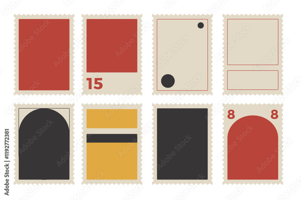 Postage stamps set. Blank empty mail postcard pack. Vector hand drawn ...