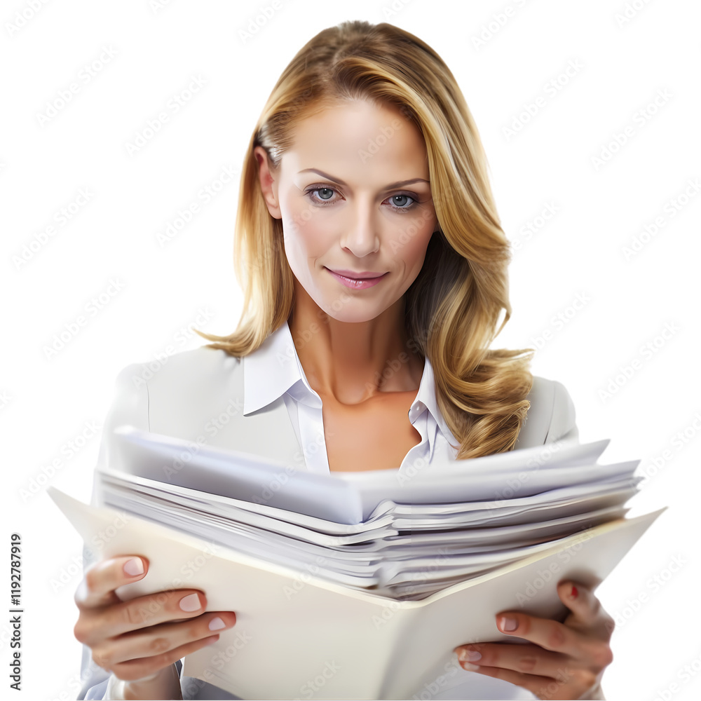 Gorgeous lady glancing through the papers vertical isolated on ...