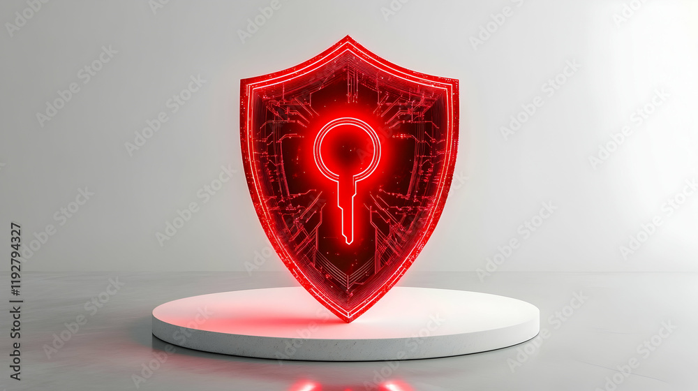 Data security concept represented by a glowing red 3D shield with a ...