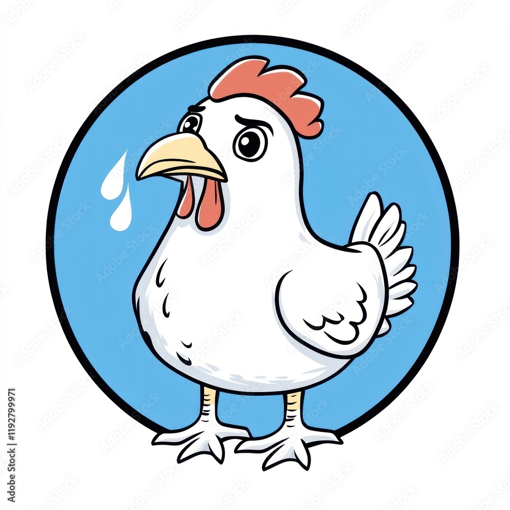 Sad chicken cartoon sweating, blue circle background, farm animal ...
