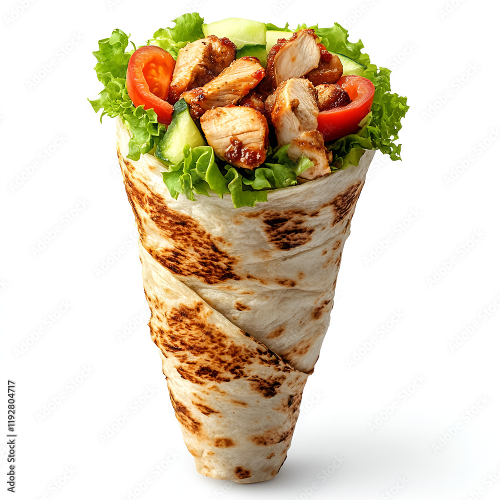 generate a chicken shawarma standing photo hyper realistic with white ...