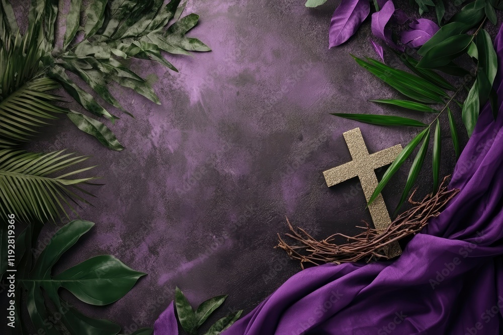 Christian lent background with cross of ashes, palm leaves, crown of ...