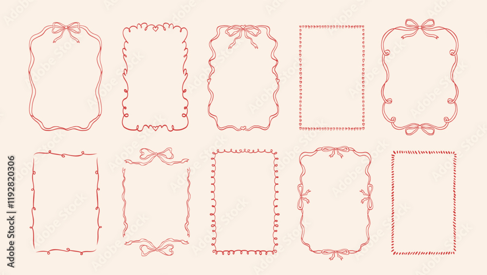 Doodle hand drawn coquette frames with hearts, wavy lines, bows and ...