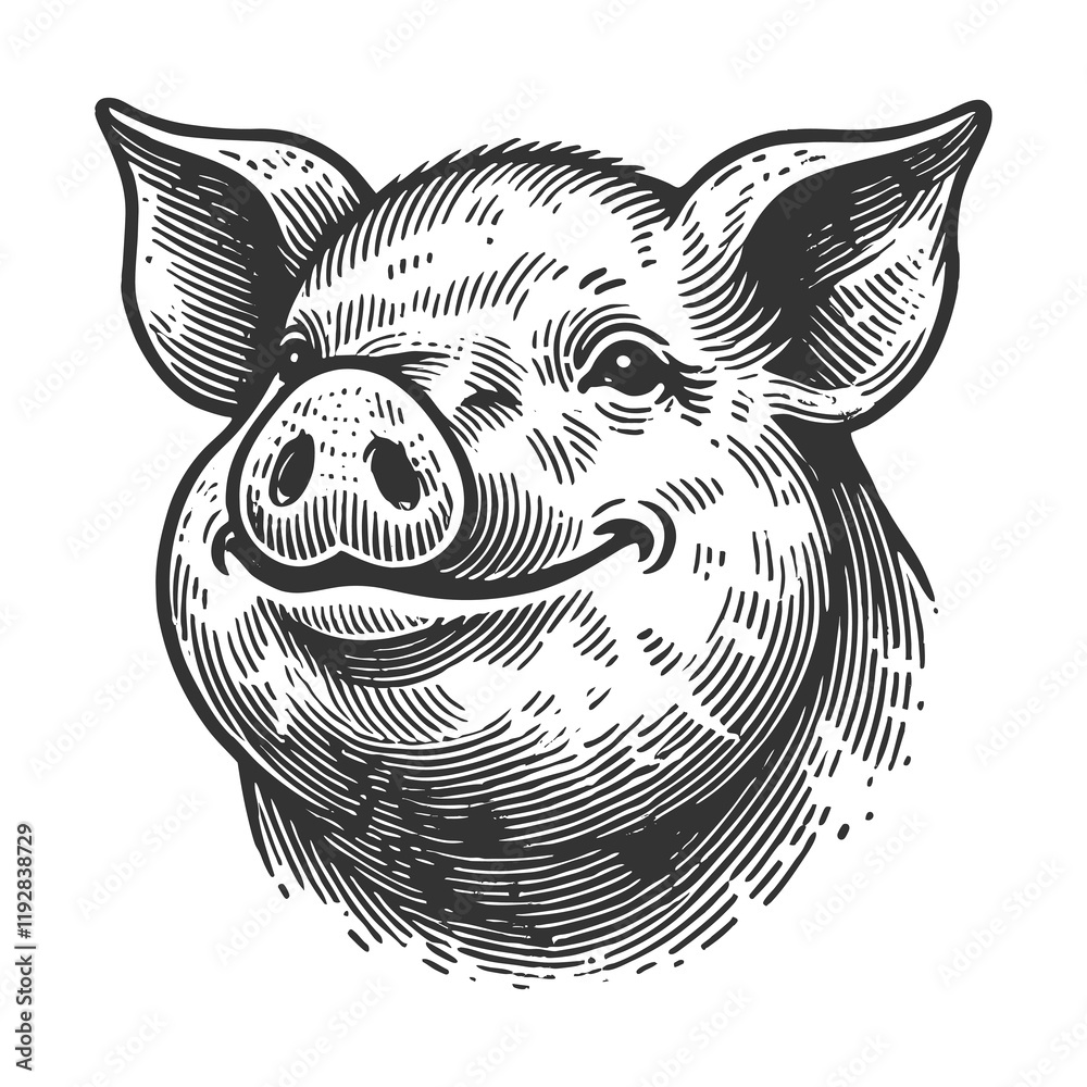 happy, smiling pig with expressive facial features, textured lines, and large ears sketch ...