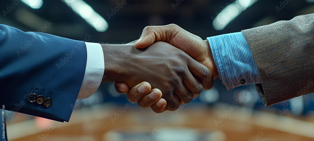 Sports agents shake hands at stadium business collaboration after ...