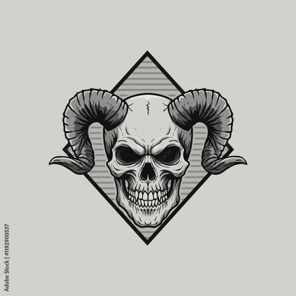 The image shows a detailed illustration of a skull with large curved ...