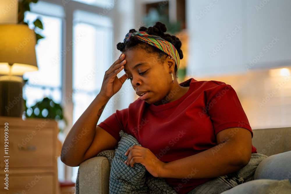 Distressed African American woman sitting alone on couch, overwhelmed ...
