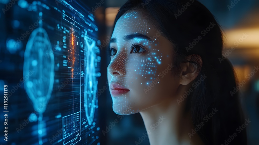 Virtual healthcare consultation with AI overlays showing vital signs analysis Stock Illustration ...