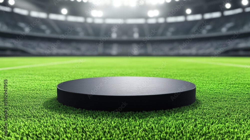 Black Display Podium on a Green Grass Field Inside a Fully Lit Stadium ...