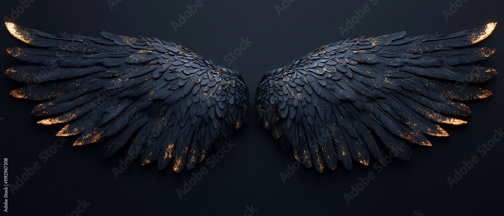 Dark angel wings, black background, fantasy art, design Stock ...