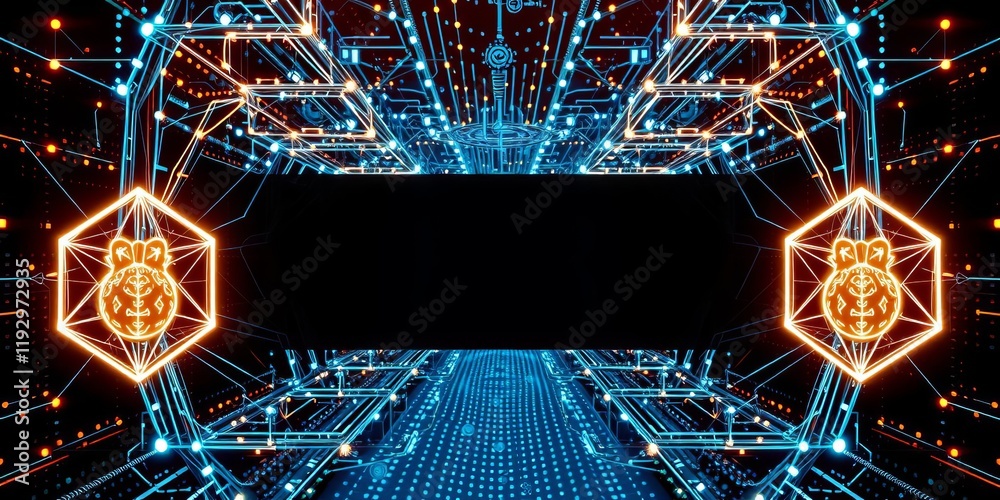 Blockchain technology network structure background with artificial intelligence machine learning ...