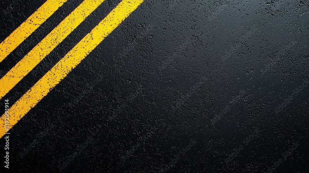 Freshly painted yellow road line on smooth black surface background ...