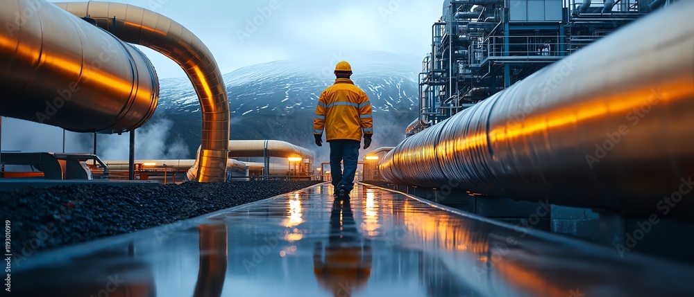 Iceland geothermal power plant, worker walking beside massive pipes ...