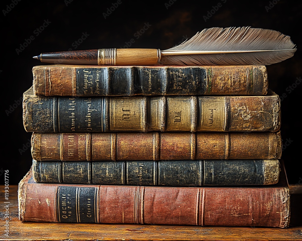 Classic vintage stack of books with a quill pen, digital illustration ...
