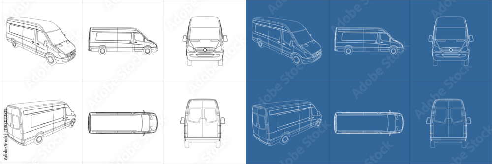 vector delivery van all side view line art draw blueprint wireframe on ...