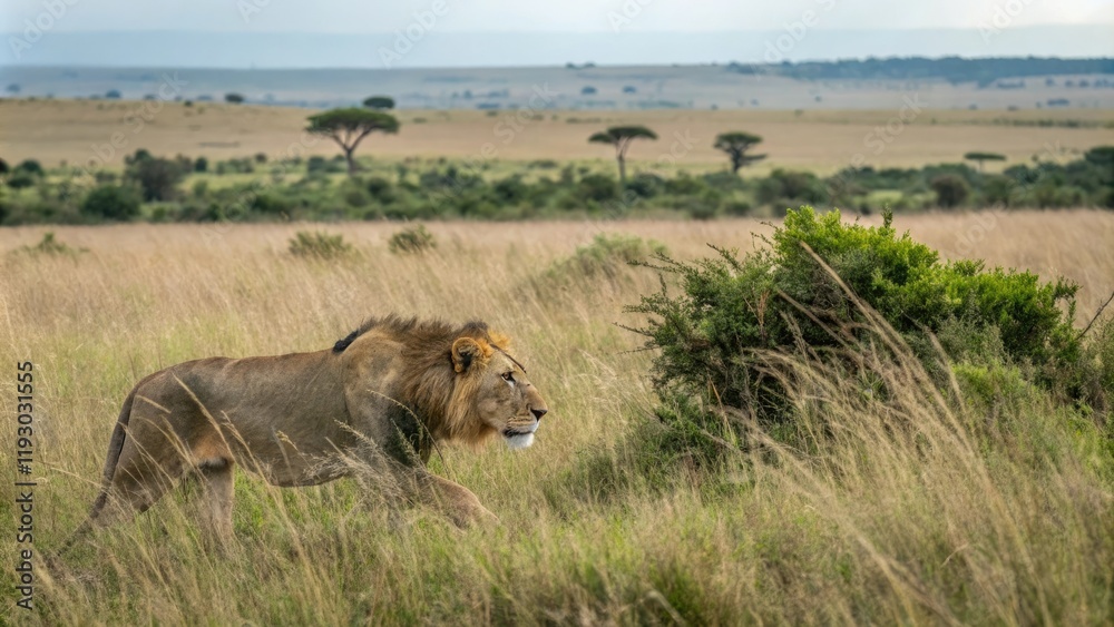 A lion stalking its prey through the tall grass and shrubs, prey, tall ...