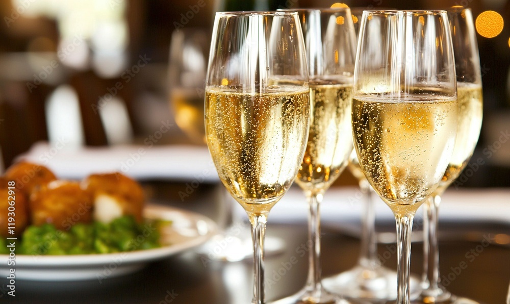 Champagne flutes on restaurant table with appetizers in background ...