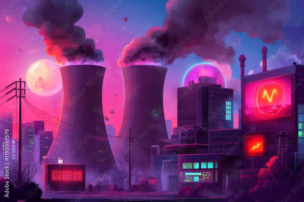 A pixel art depiction of a power plant with animated turbines and ...