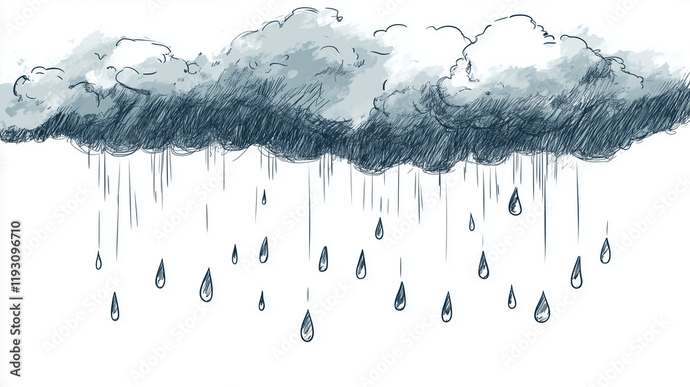 Sketch line art of freezing rain and heavy rain icons, minimalist illustrations depicting icy ...