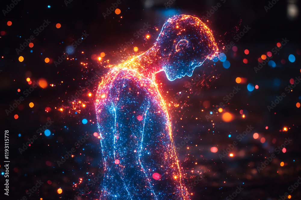 Neon Evolution: A glowing, fragmented silhouette of a person breaking ...