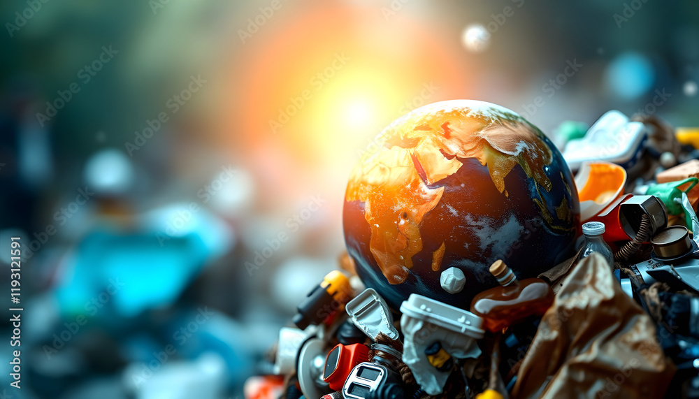 Eco environmental problem, planet in trash human waste, blur background ...