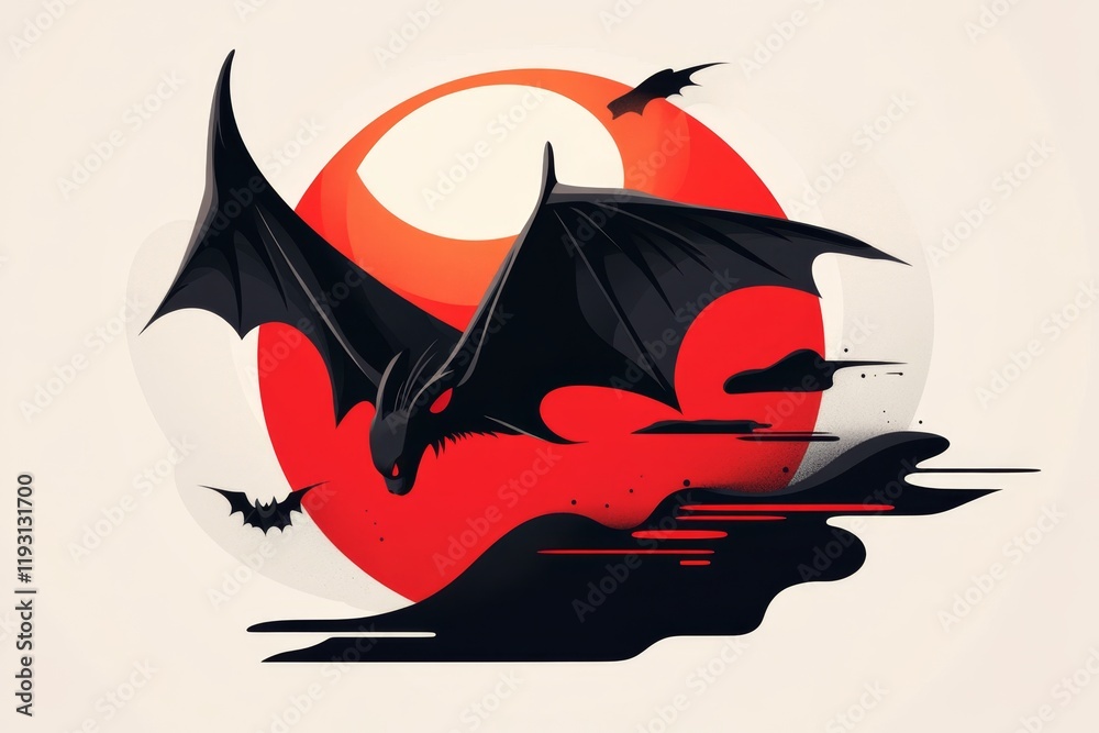 A flat 2D illustration of a vampire bat flying against a full moon ...
