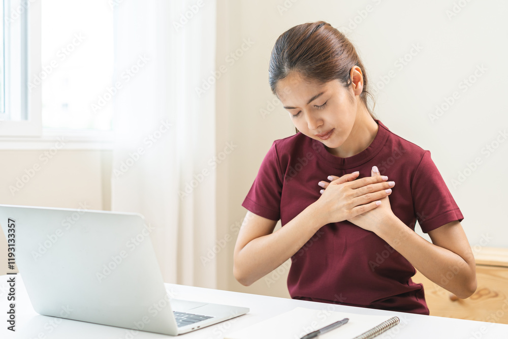 Heart attack, health care concept, suffering acute cardiac asian young ...