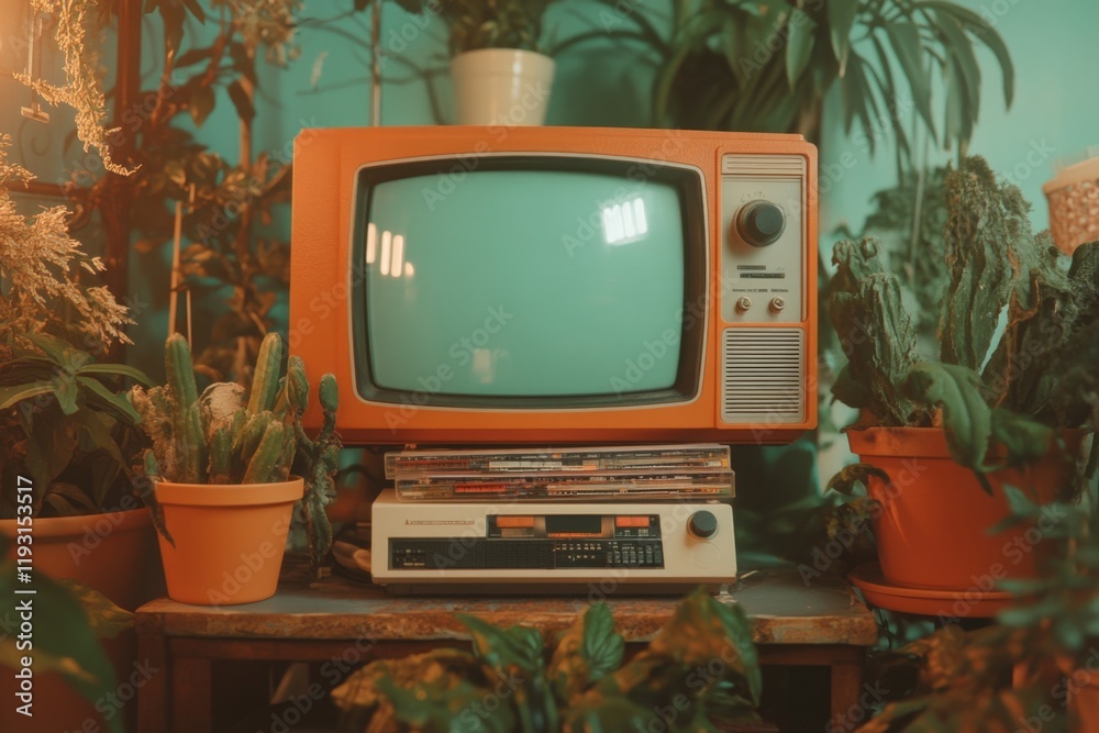 A retro television set with a VHS player beneath it, surrounded by a ...