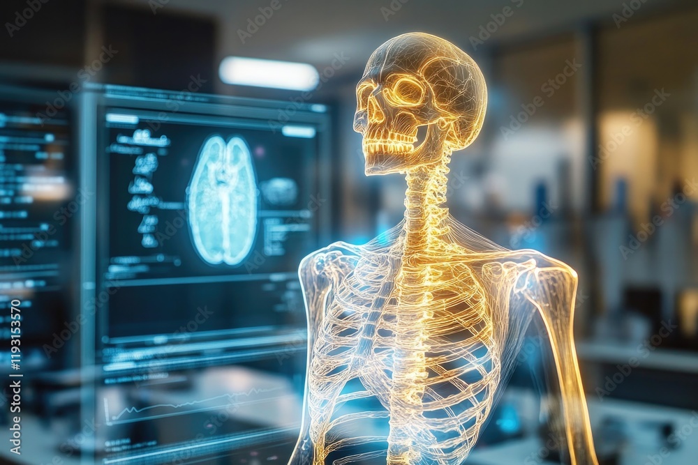 glowing skeletal model displayed on digital screen in diagnostic lab ...