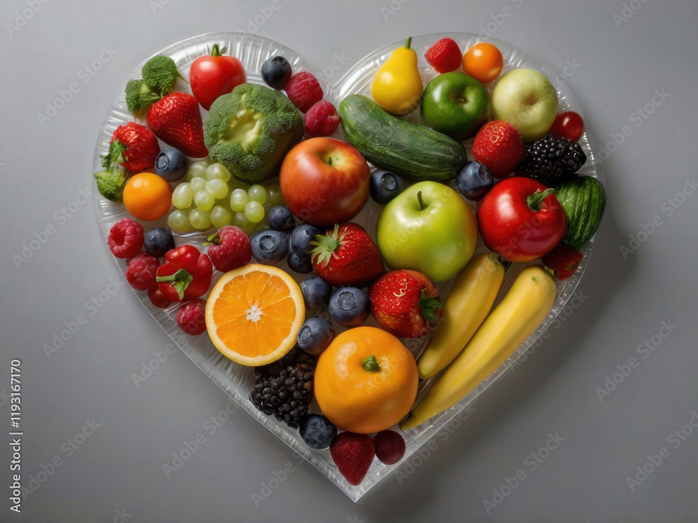 Corazón transparente lleno de frutas y verduras como concepto de alimentación saludable y ...