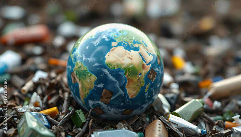 Eco environmental problem, planet in trash human waste, blur background ...