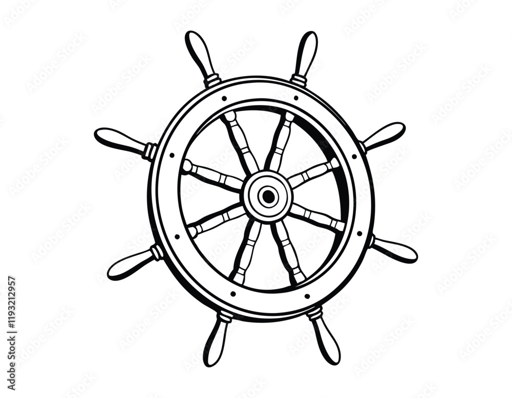black and white nautical ship wheel illustration, detailed maritime ...