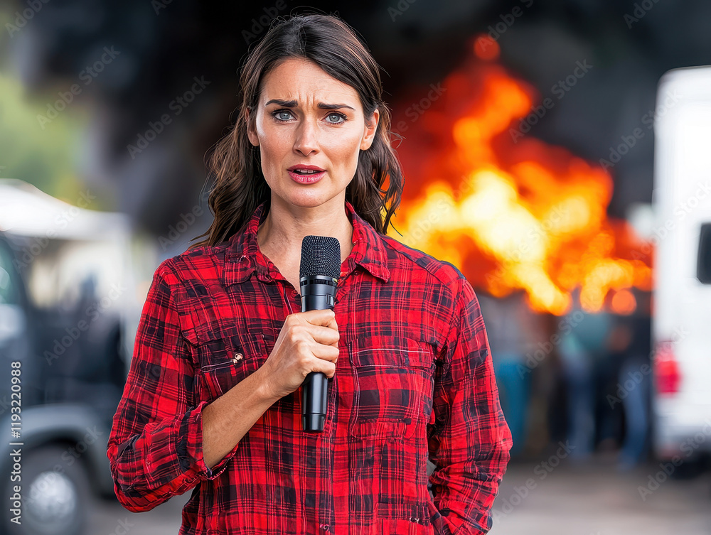 Journalist reports live from a chaotic location, capturing the urgency ...