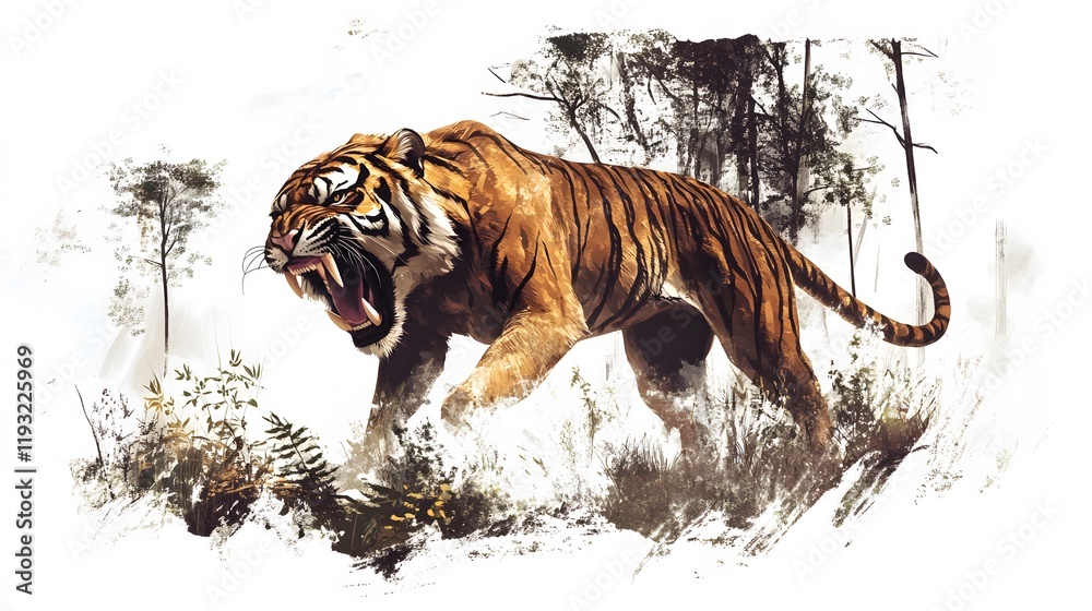 3. A saber-toothed tiger hunting in a prehistoric forest, set against a ...