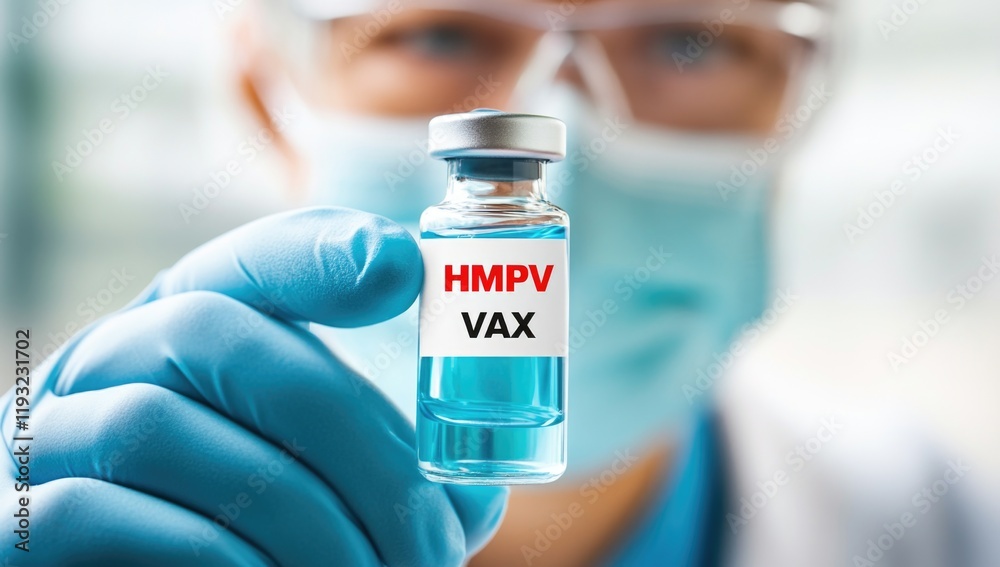 A healthcare professional in China holds a vial labeled HMPV VAX, indicating the development of ...