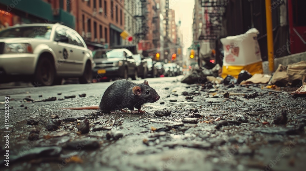 Solitary rat run urban street, harsh realities of city life. Puddles ...