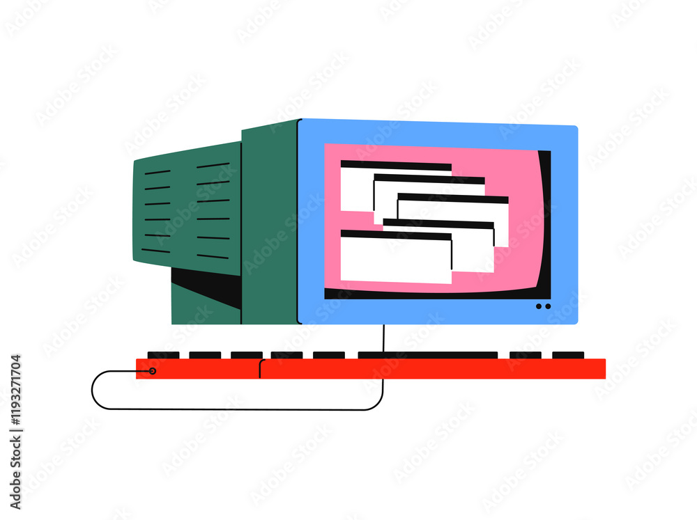 Retro old computer in Memphis 90s style. Nostalgia cartoon personal ...