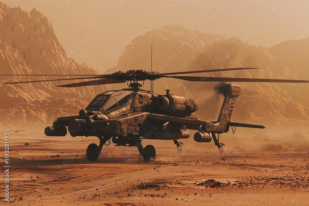 Apache helicopter preparing for long mission in desert landscape ...