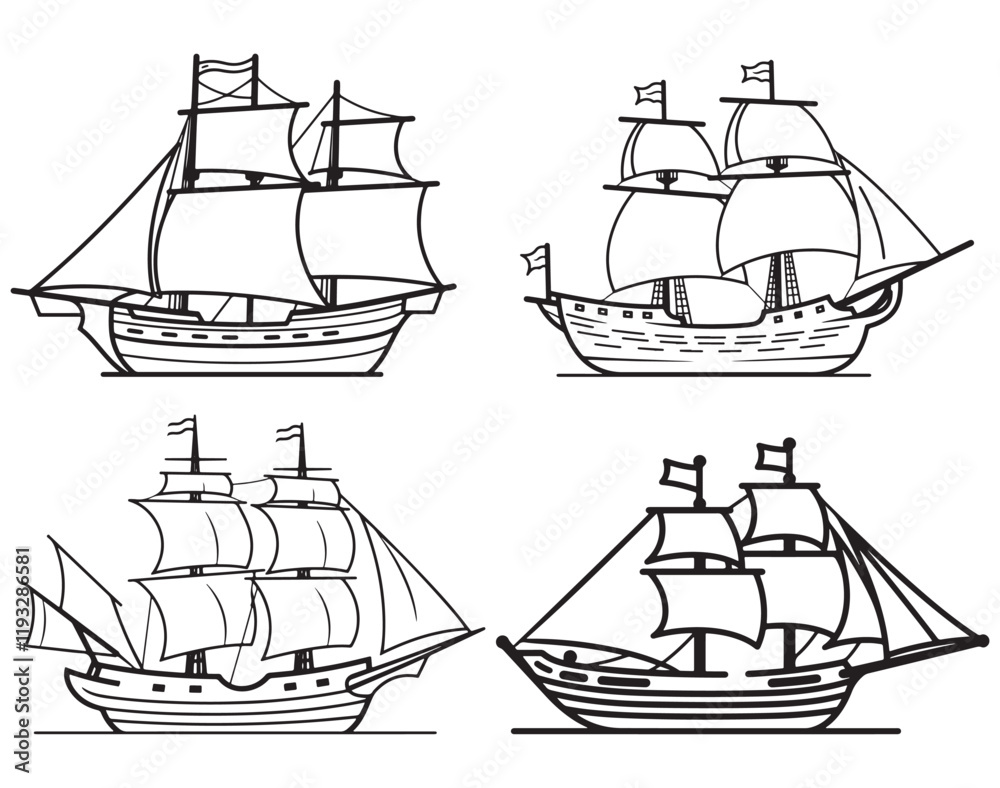 set of old sailing ship line art vector illustration, outline coloring ...