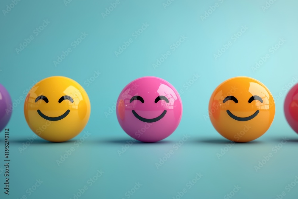 Colorful smiley face balls on a blue background, a symbol of positive ...