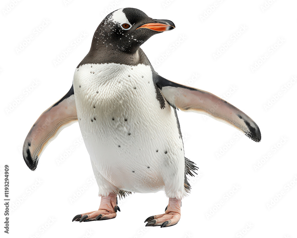 A penguin stands on its hind legs and looks to the right. The penguin ...
