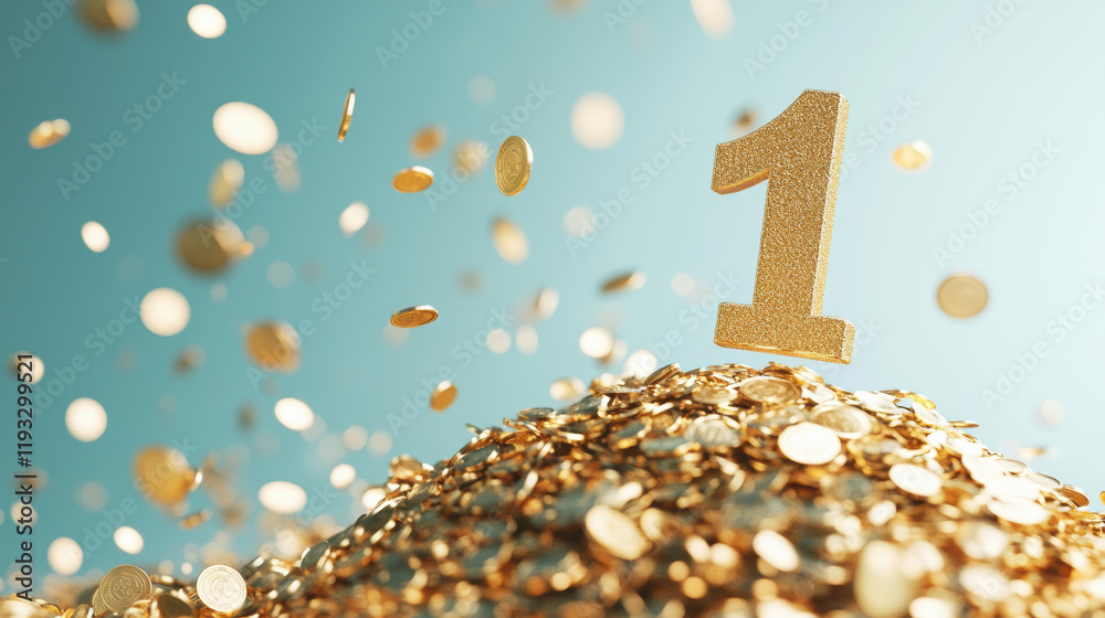 Gold coins falling with a big golden number one on a pile against a ...